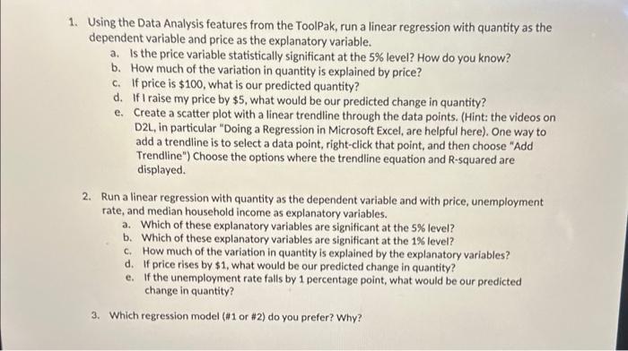 Solved 1. Using the Data Analysis features from the ToolPak, | Chegg.com