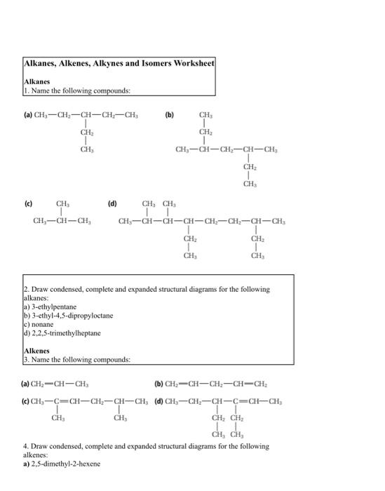 Solved Alkanes, Alkenes, Alkynes and Isomers Worksheet | Chegg.com