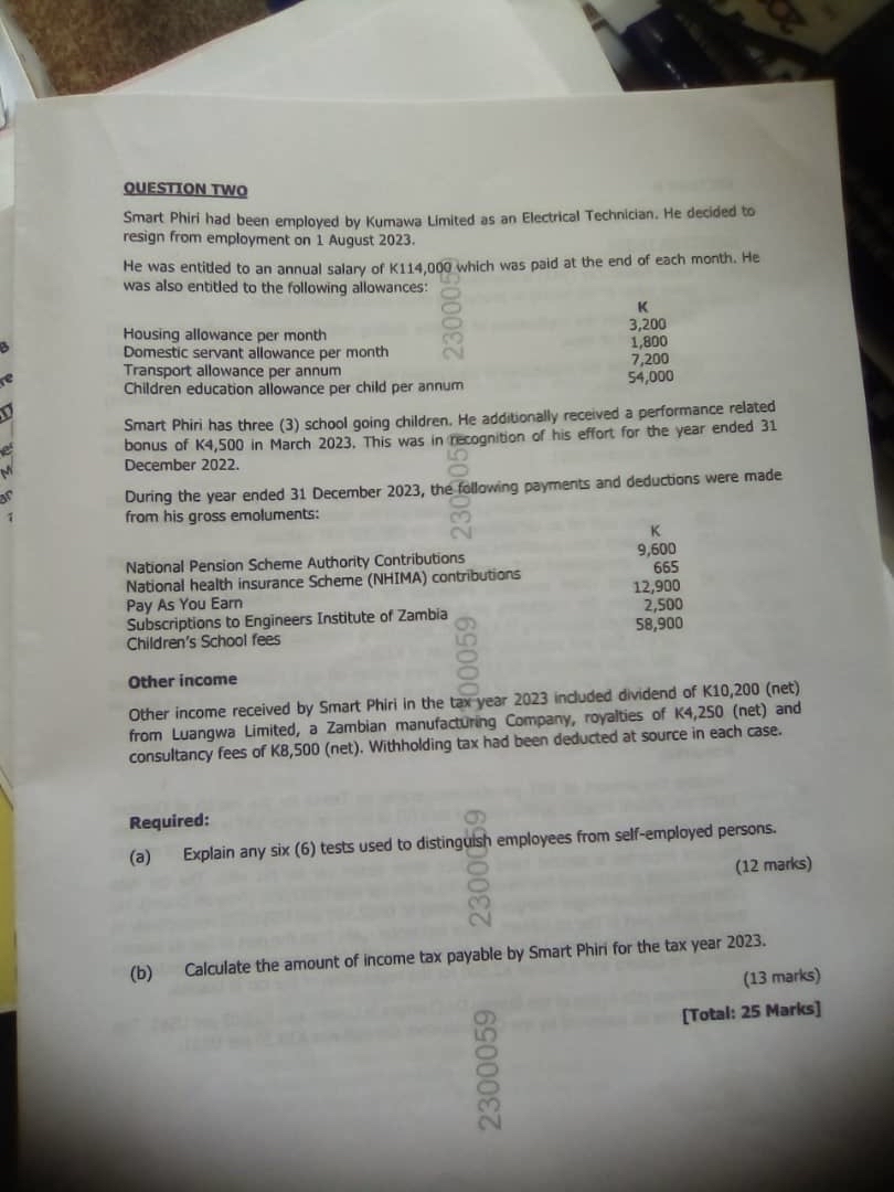 Solved QUESTION TWOSmart Phiri had been employed by Kumawa | Chegg.com