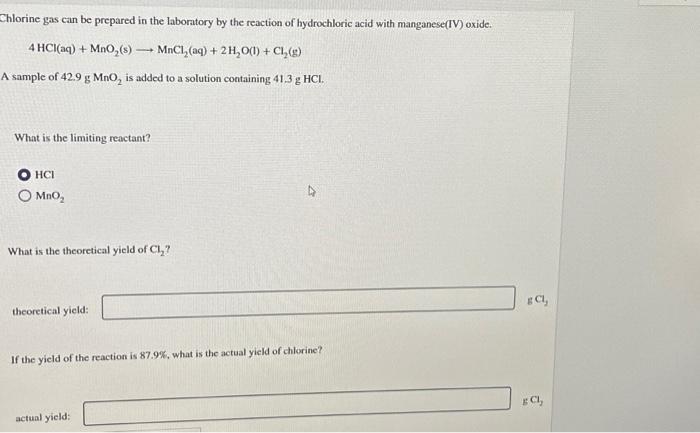 Solved Chlorine gas can be prepared in the laboratory by the | Chegg.com