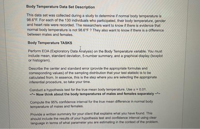 Solved Body Temperature Data Set Description This data set | Chegg.com