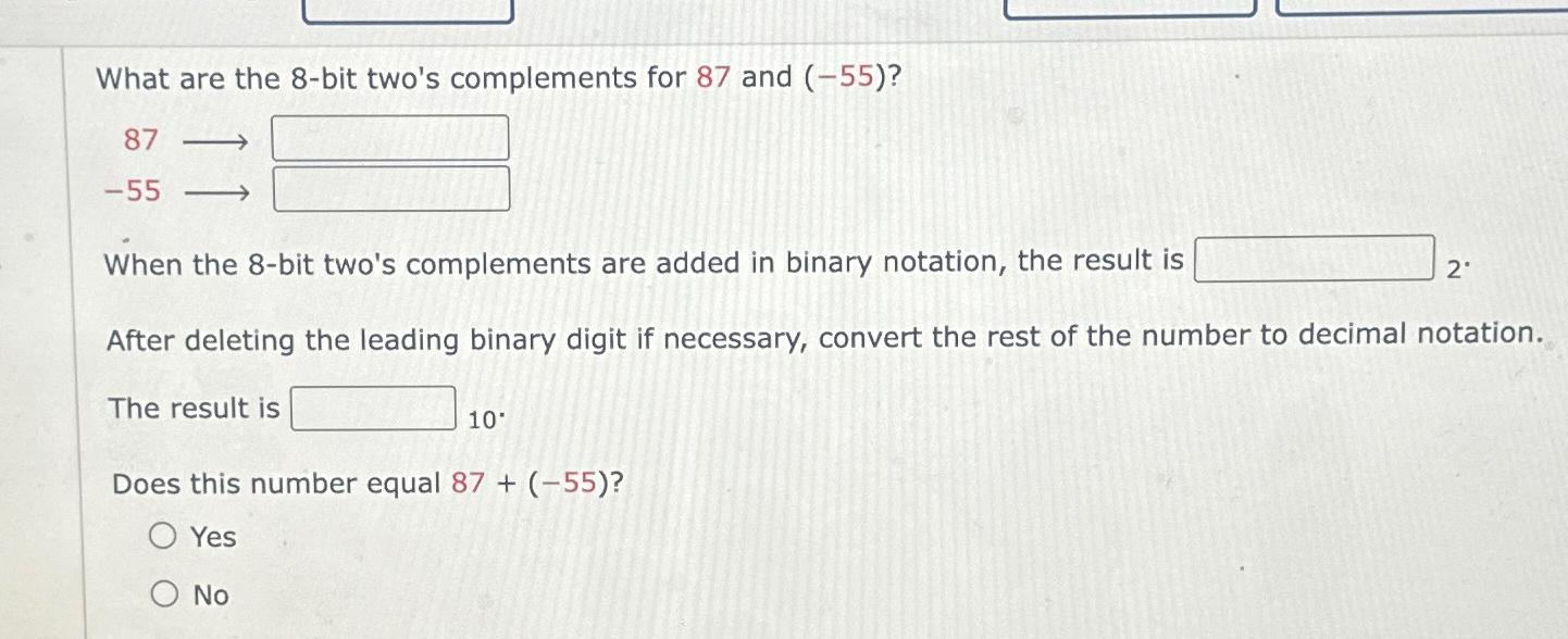 Solved What are the 8-bit two's complements for 87 ﻿and | Chegg.com