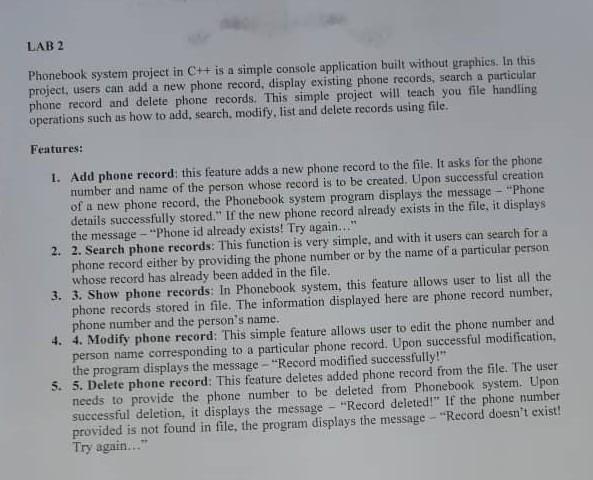 Solved LAB 2 Phonebook system project in C++ is a simple | Chegg.com