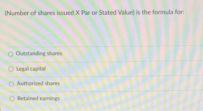 Solved (Number of shares issued X Par or Stated Value) is | Chegg.com