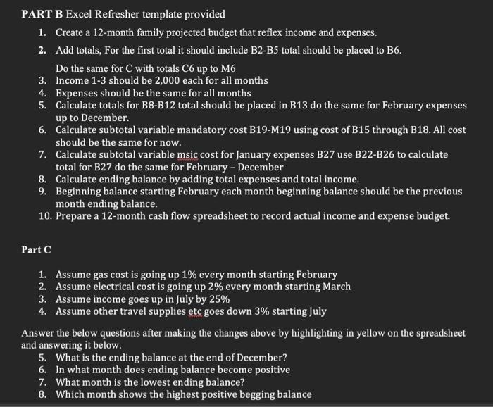 PART B Excel Refresher template provided 1. Create a | Chegg.com