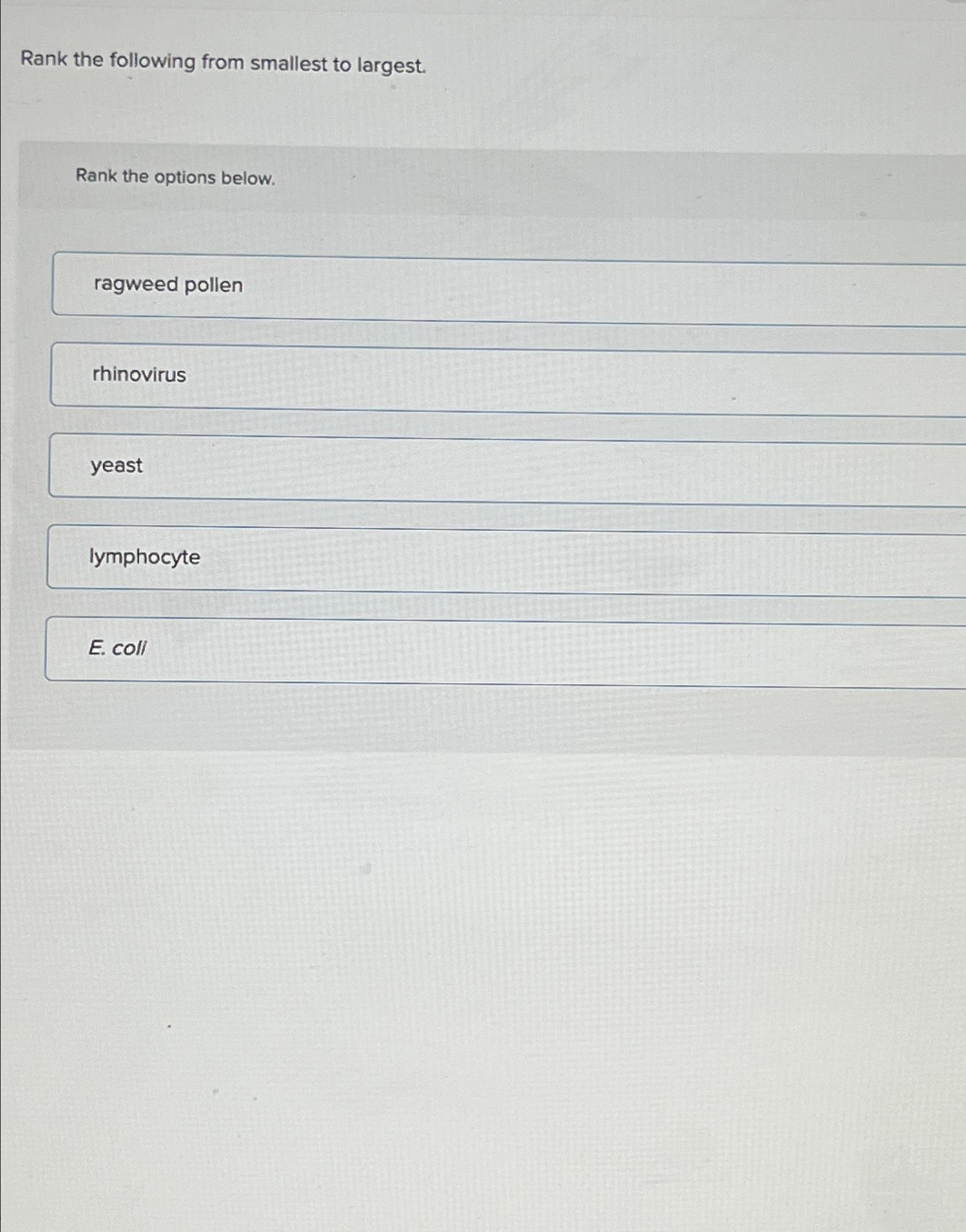 Rank the following from smallest to largest.Rank the | Chegg.com