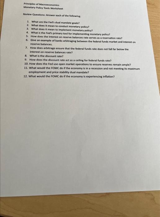 Solved Principles of Macroeconomics Monetary Policy Tools | Chegg.com