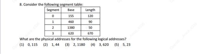Solved 8. Consider the following segment table: What are the | Chegg.com