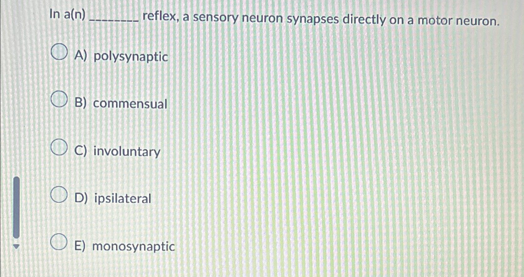Solved In a(n) ﻿reflex, a sensory neuron synapses directly | Chegg.com