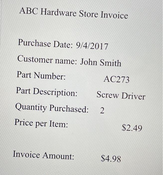 Solved ABC Hardware Store Invoice Purchase Date: 9/4/2017 | Chegg.com