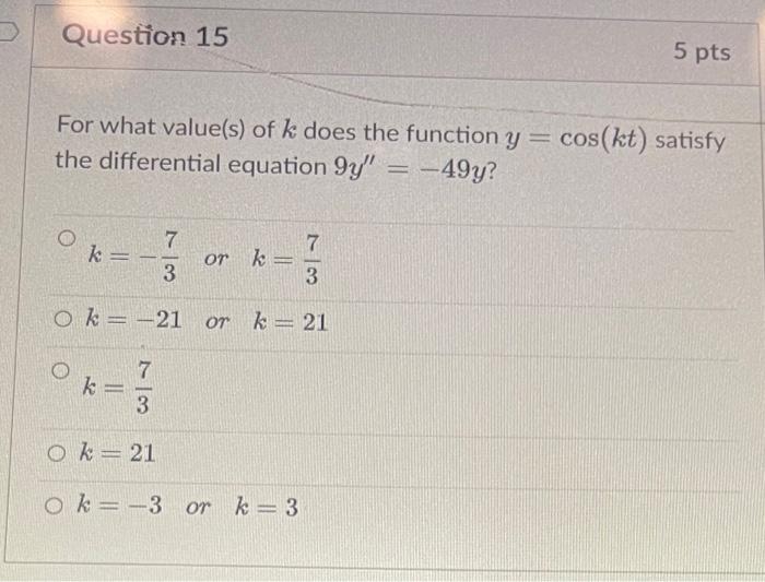 Solved For what value(s) of k does the function y=cos(kt) | Chegg.com