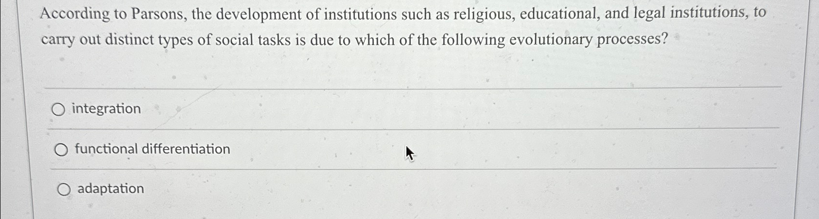 Solved According to Parsons, the development of institutions | Chegg.com