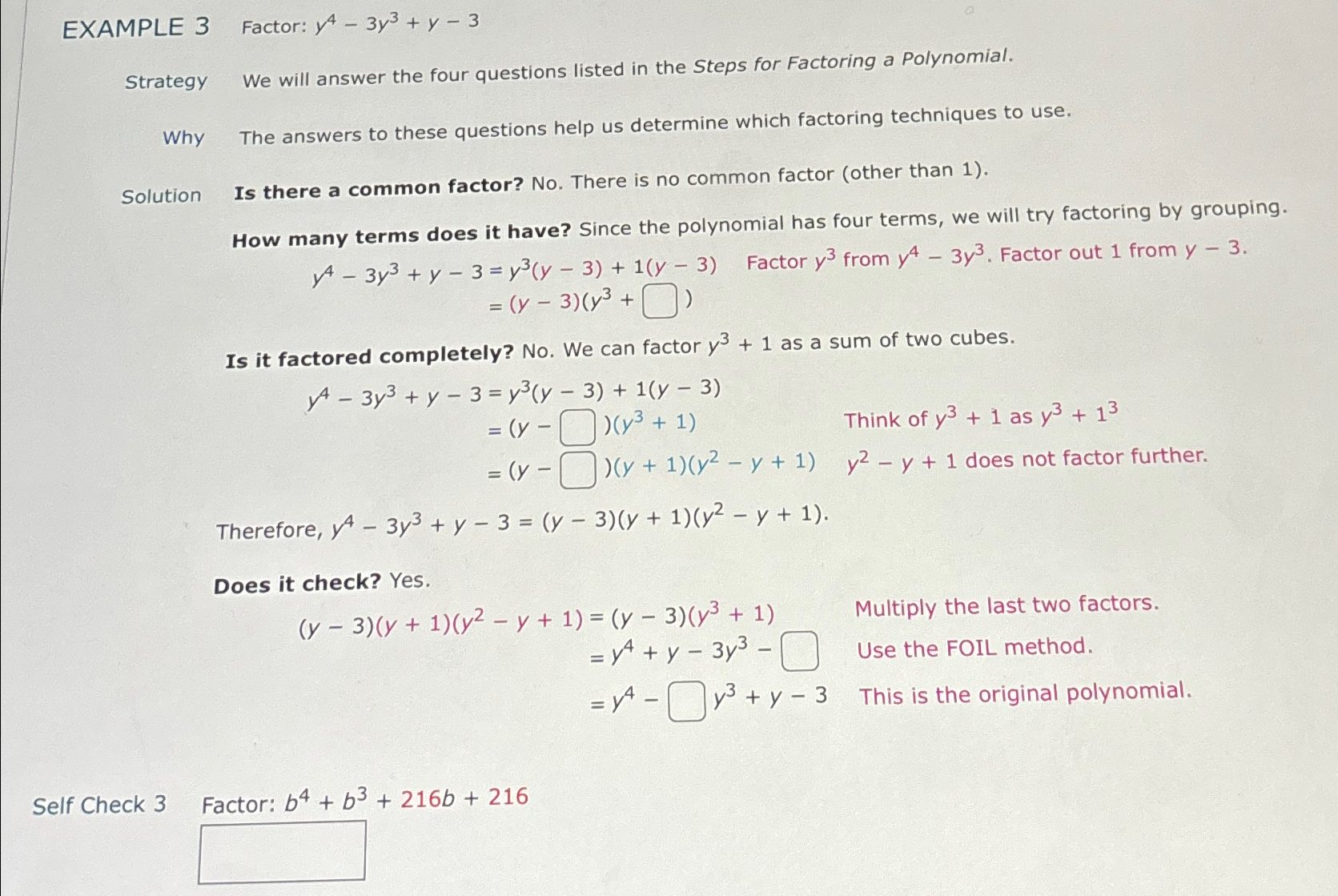 Solved EXAMPLE 3 ﻿Factor: y4-3y3+y-3Strategy We will answer | Chegg.com