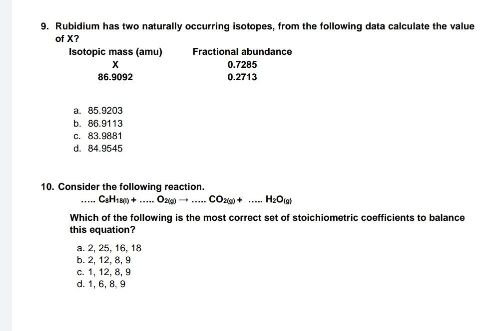 Solved 9. Rubidium has two naturally occurring isotopes, | Chegg.com