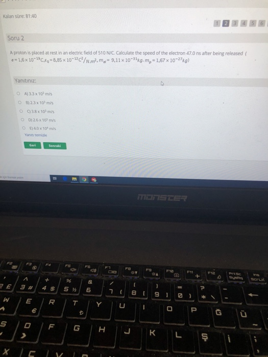 Solved Kalan süre: 81:40 Soru 2 A proton is placed at rest | Chegg.com