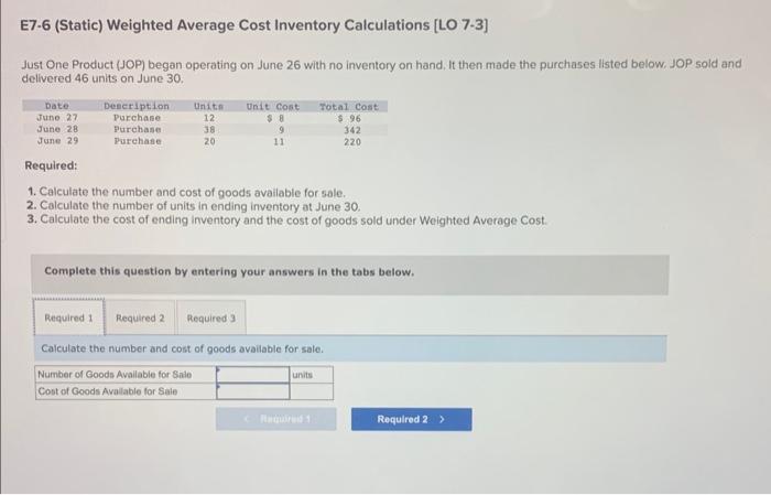 Solved E7-6 (Static) Weighted Average Cost Inventory | Chegg.com