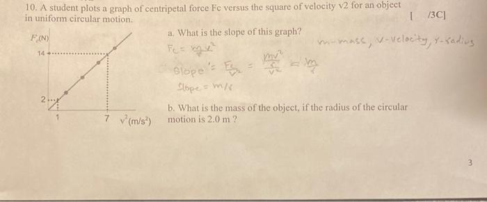 Solved 10. A student plots a graph of centripetal force Fc | Chegg.com