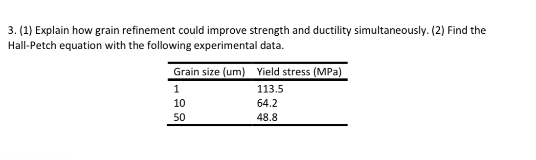 Solved (1) ﻿Explain how grain refinement could improve | Chegg.com