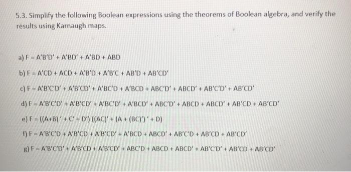 Solved 5.3. Simplify the following Boolean expressions using | Chegg.com