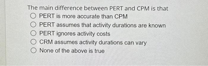Solved The main difference between PERT and CPM is that PERT | Chegg.com