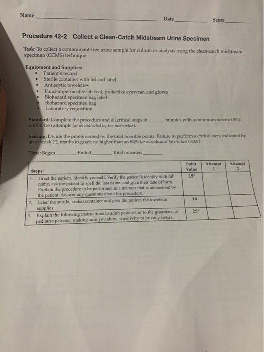 Name Date Score Procedure 42-2 Collect a Clean-Catch | Chegg.com