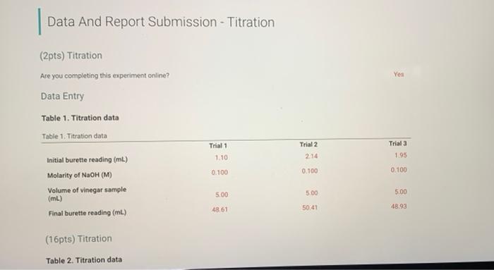 Solved 1 Data And Report Submission - Titration (2pts) | Chegg.com