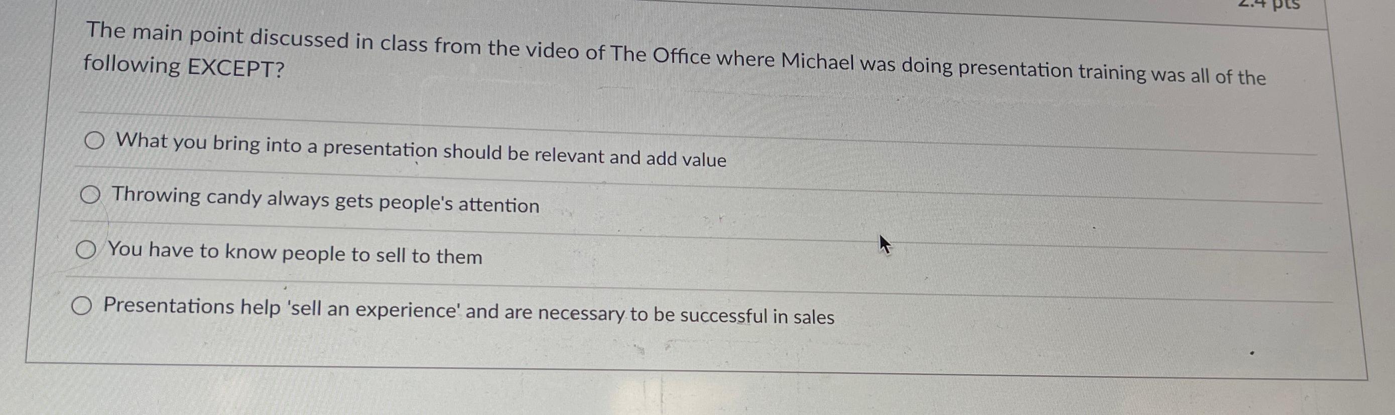 Solved The main point discussed in class from the video of | Chegg.com