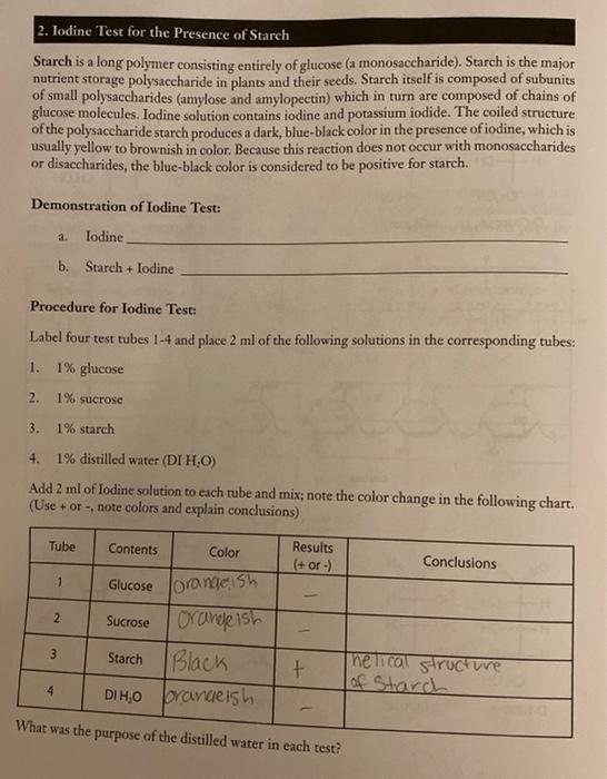 Solved 2. Iodine Test for the Presence of Starch Starch is a | Chegg.com