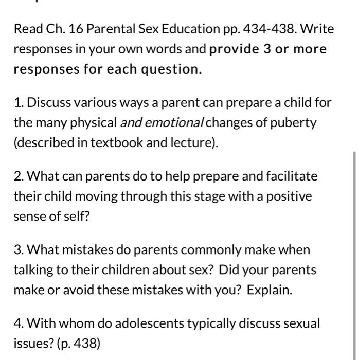 Solved Read Ch. 16 Parental Sex Education pp. 434-438. Write | Chegg.com