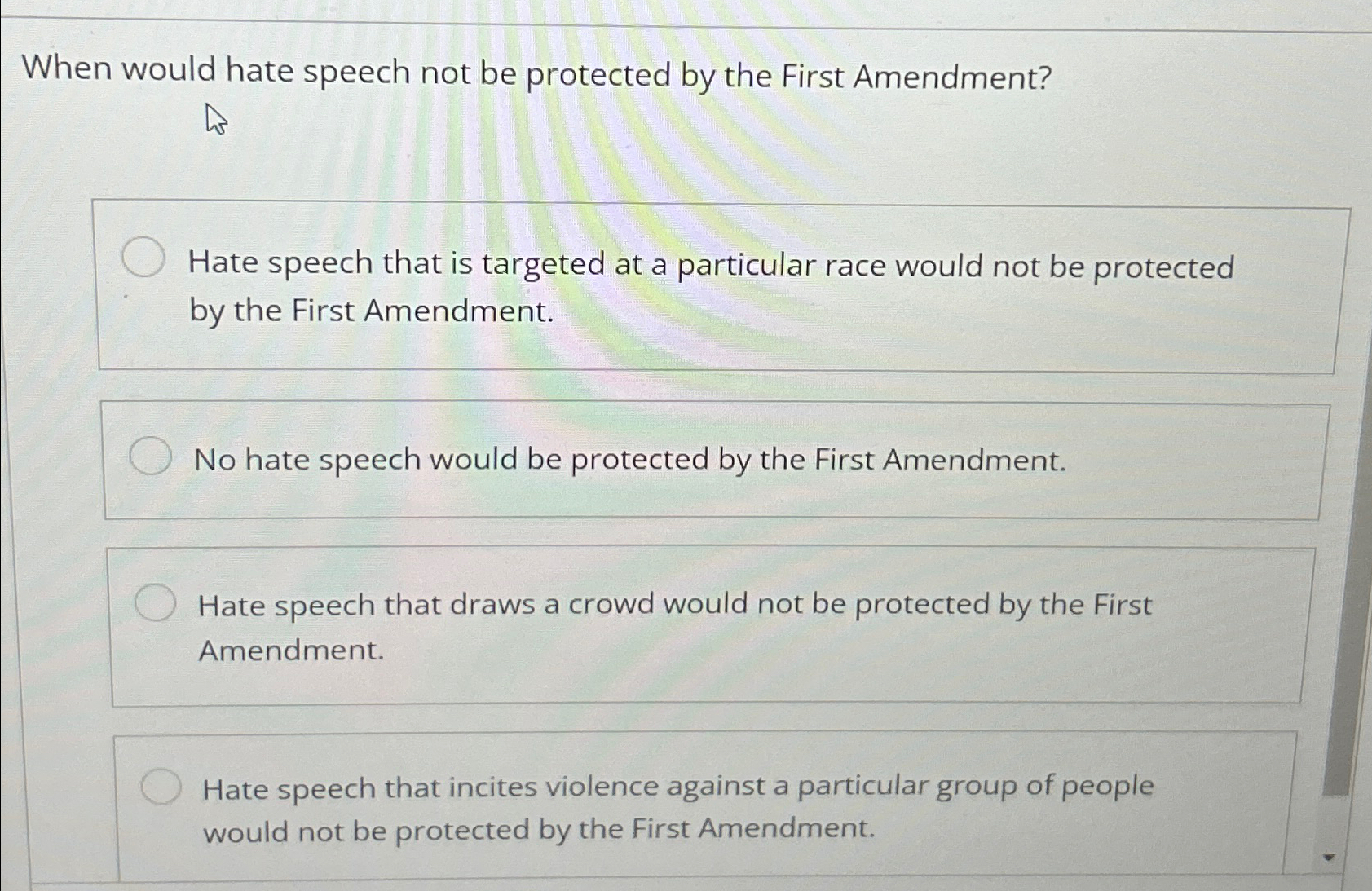 Solved When would hate speech not be protected by the First | Chegg.com
