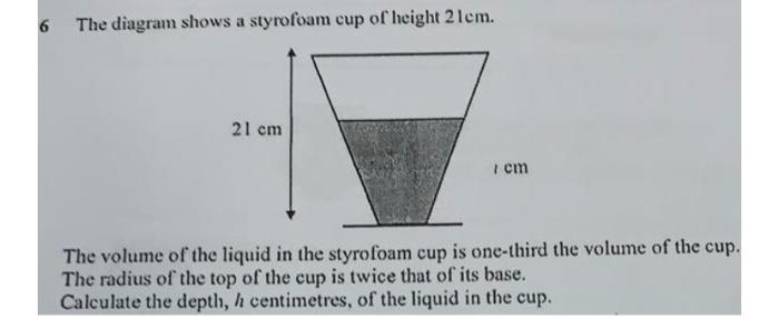 Solved 6 The diagram shows a styrofoam cup of height 21cm. | Chegg.com