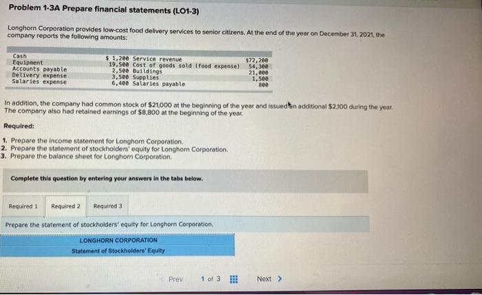 Problem 1-3A Prepare financial statements (LO1-3) | Chegg.com