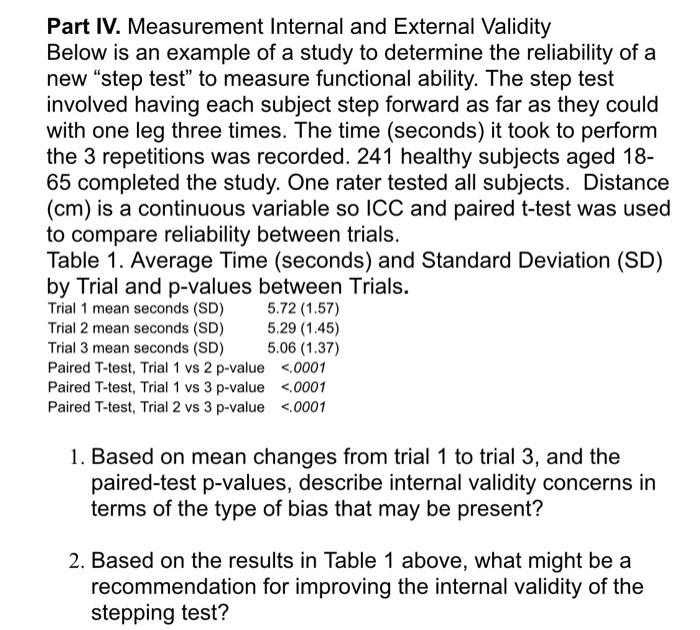 Solved Part IV. Measurement Internal and External Validity | Chegg.com