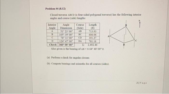 Solved Closed traverse ABCD (a four-sided polygonal | Chegg.com
