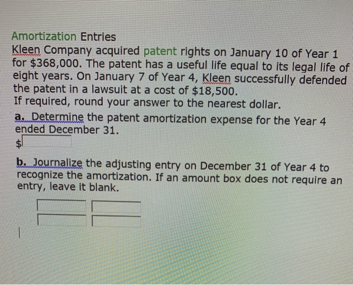 Solved Amortization Entries Kleen Company acquired patent | Chegg.com