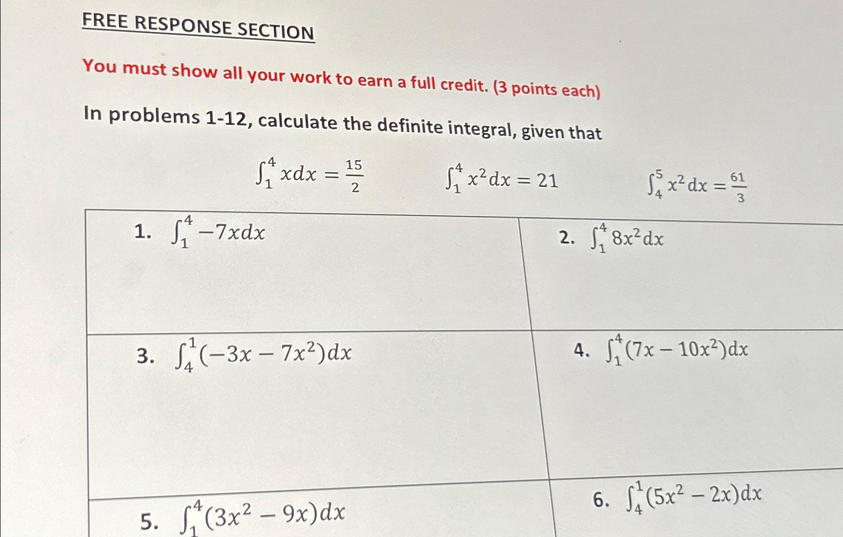 Solved FREE RESPONSE SECTIONYou must show all your work to | Chegg.com