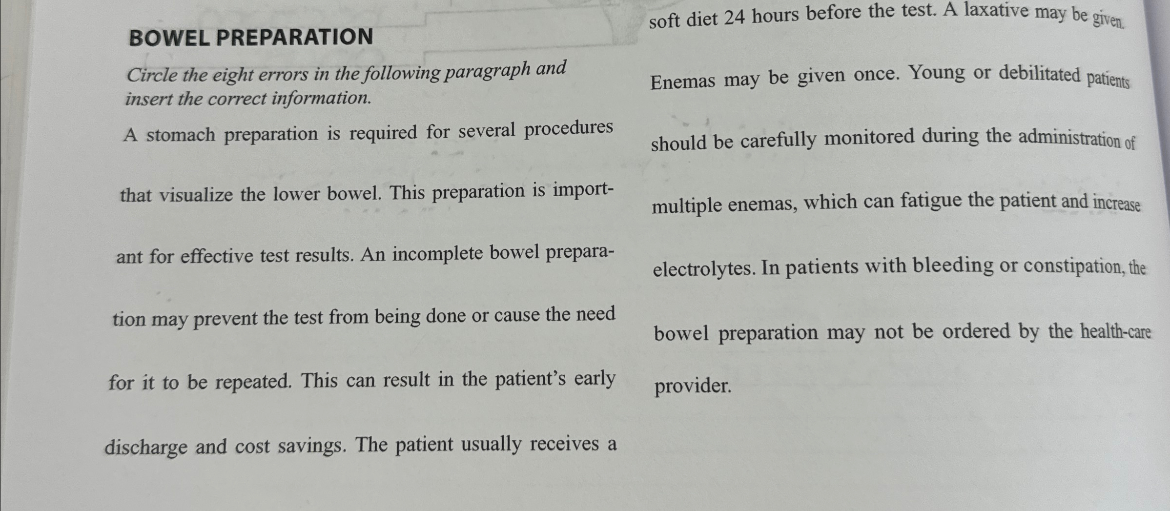 Solved BOWEL PREPARATIONCircle the eight errors in the | Chegg.com