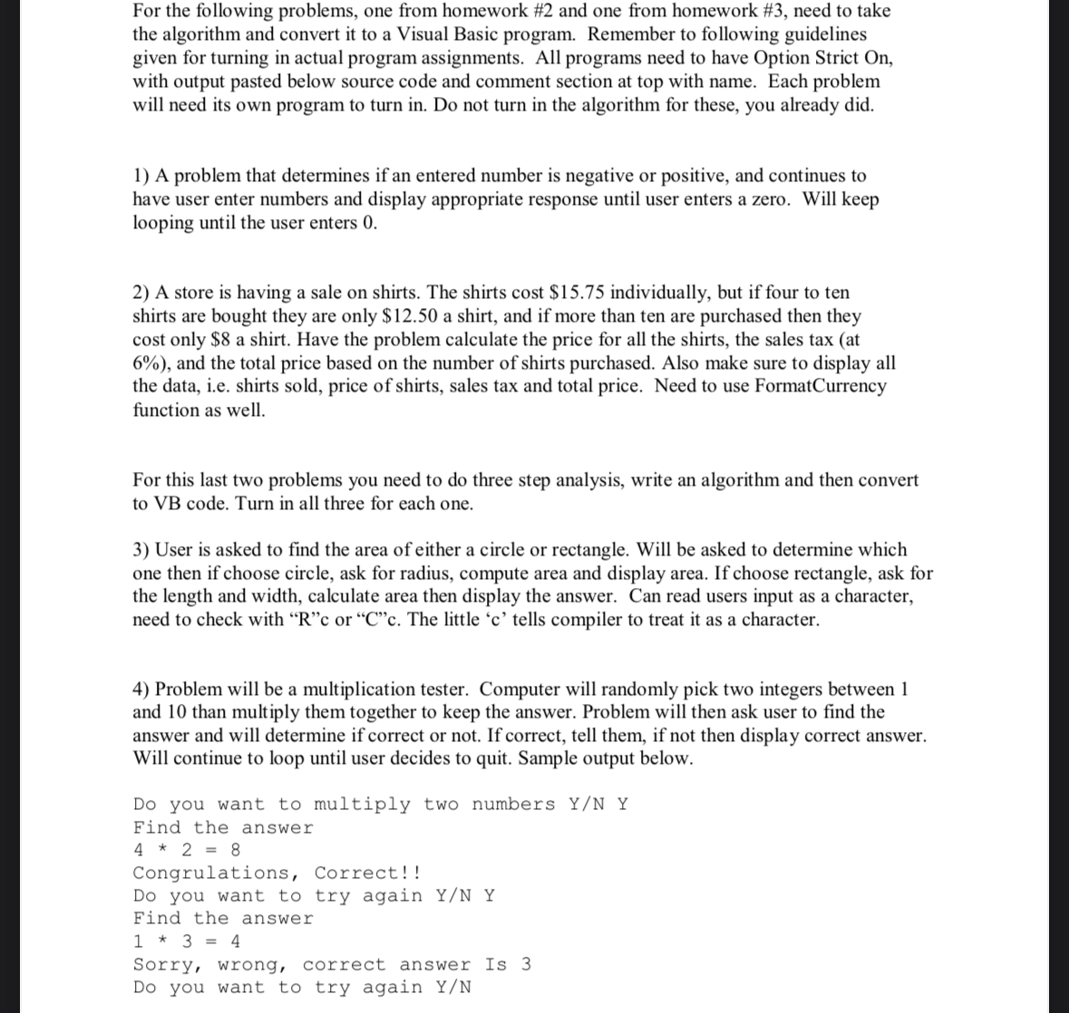 Solved (Need the problems converted to a virtual basic | Chegg.com