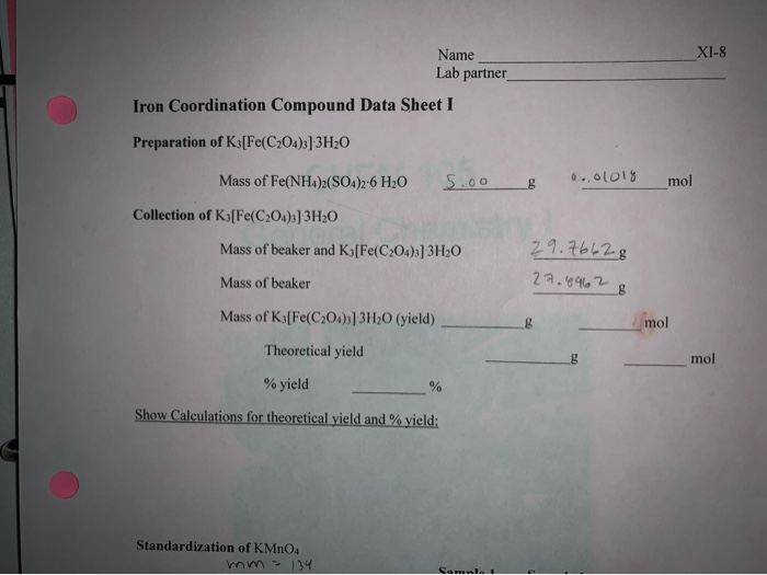 Solved XI-8 Name Lab partner Iron Coordination Compound Data | Chegg.com