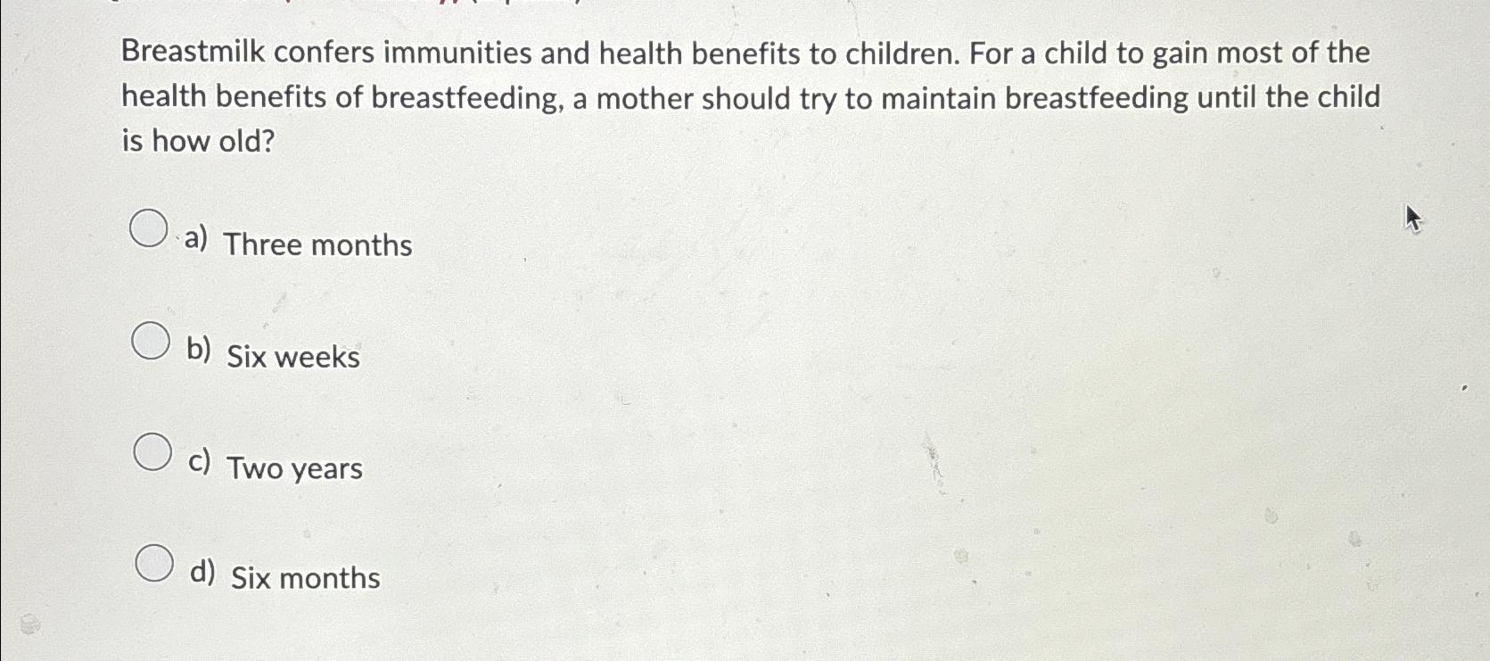 Solved Breastmilk confers immunities and health benefits to | Chegg.com