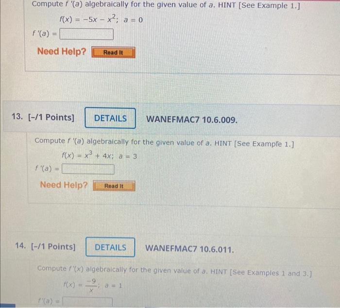 Solved Compute f′(a) algebraically for the given value of a. | Chegg.com