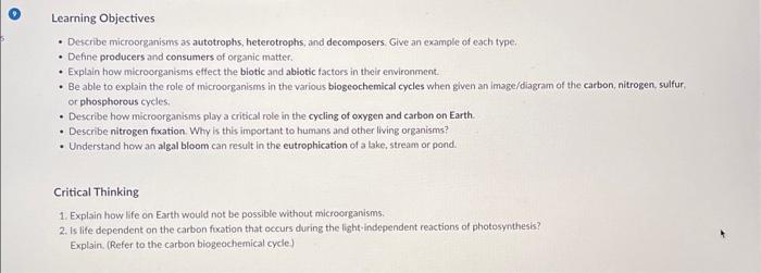 Solved Learning Objectives - Describe microorganisms as | Chegg.com