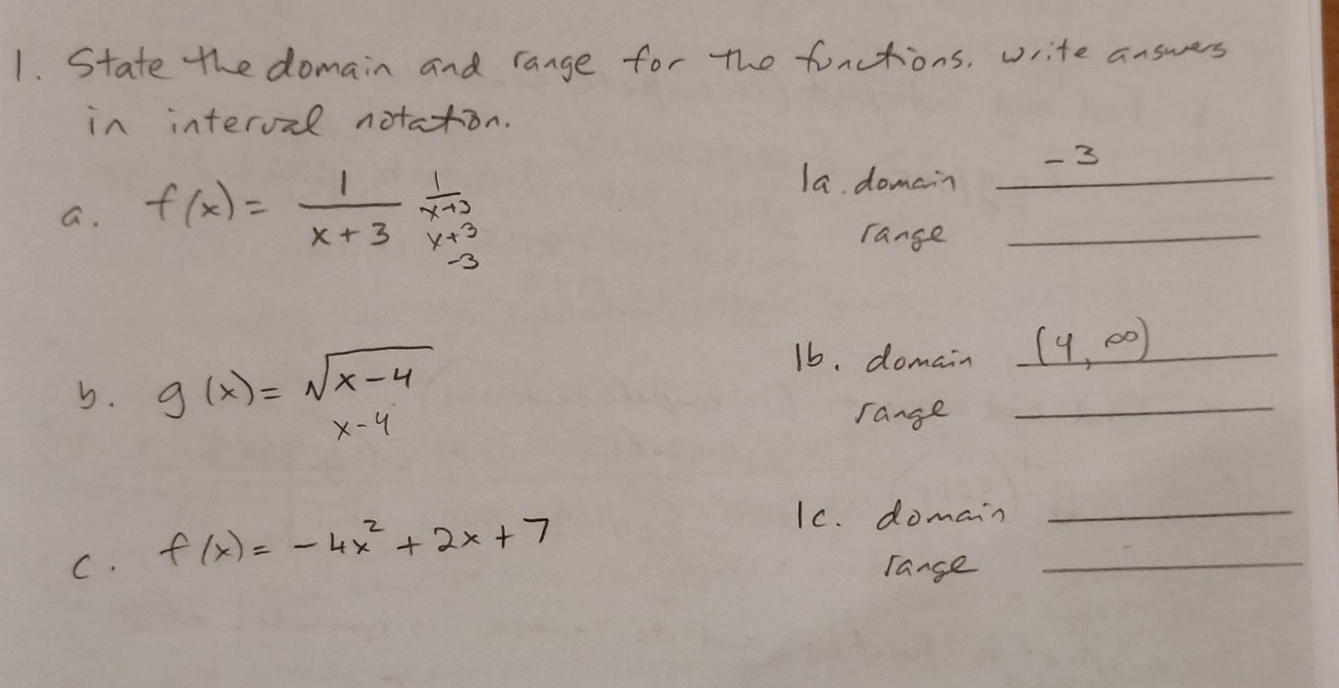 Solved 1. State the domain and range for the functions. wite | Chegg.com