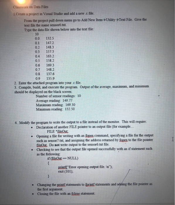 Solved Classwork On Data Files 1create A Project In Visual 0850