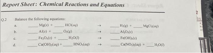 Solved Report Sheet: Chemical Reactions and Equations Q.2 | Chegg.com