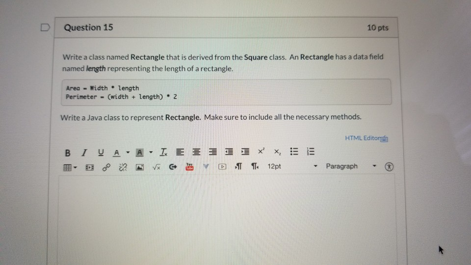 Solved Question 15 10 pts Write a class named Rectangle that | Chegg.com