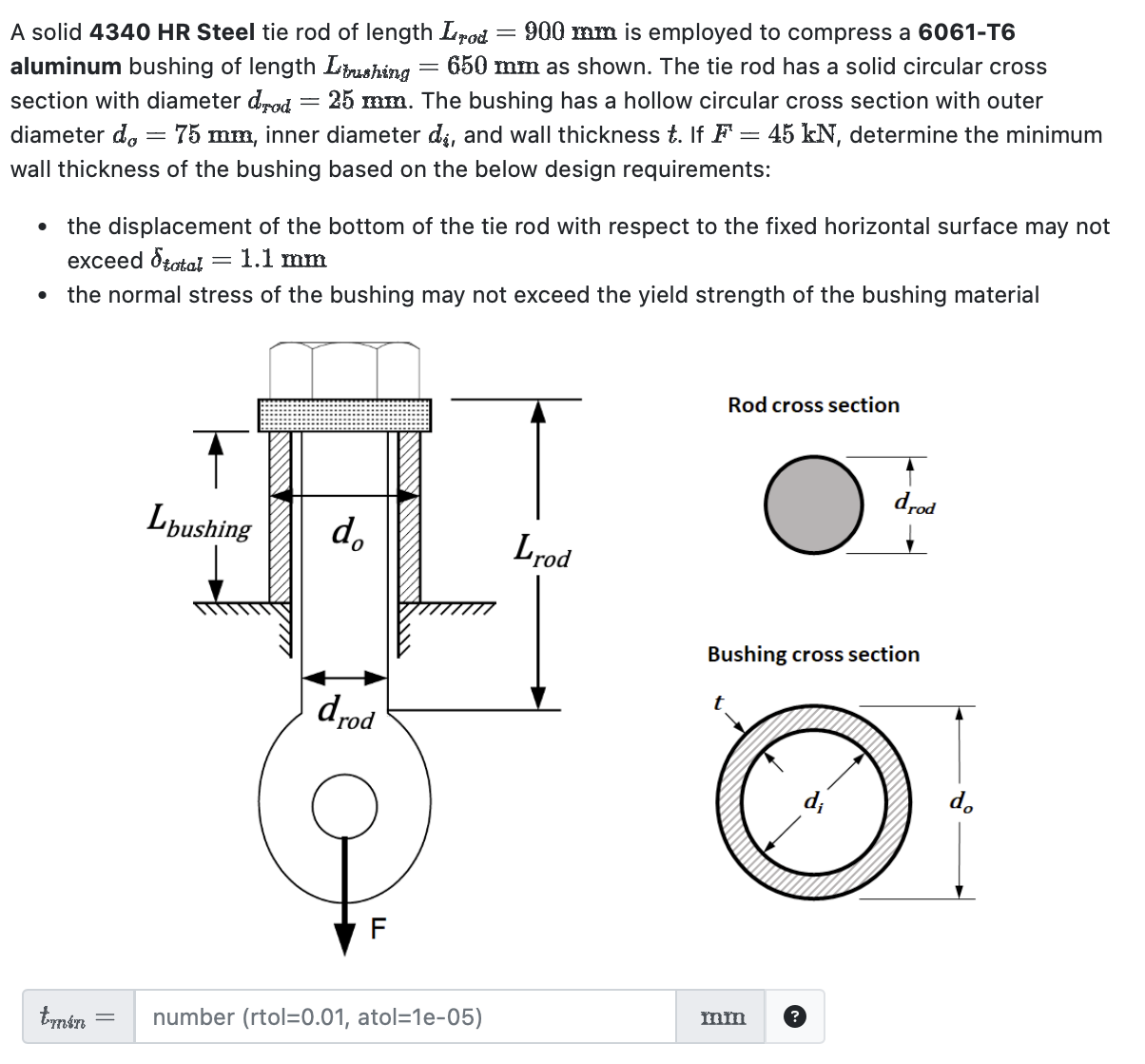 A solid 4340 ﻿HR Steel tie rod of length Lrod =900mm | Chegg.com