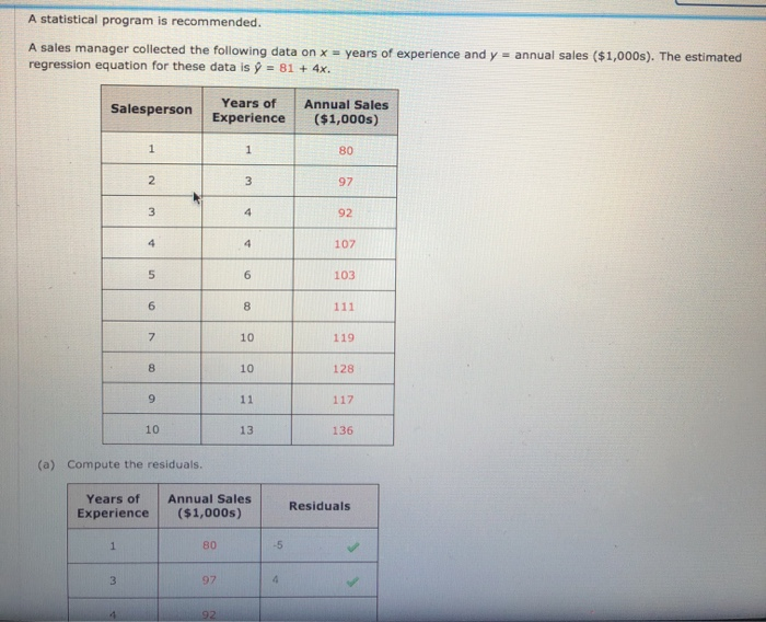 Solved A statistical program is recommended. A sales manager | Chegg.com