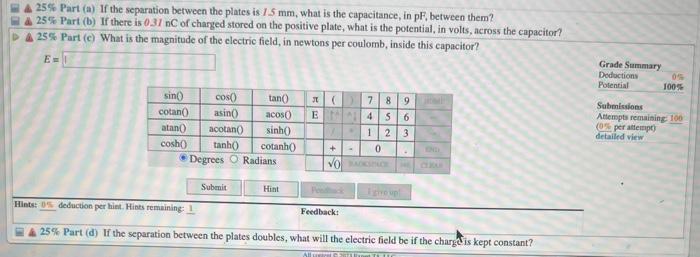 Solved (14\%) Problem 6: Consider a parallel-plate capacitor | Chegg.com