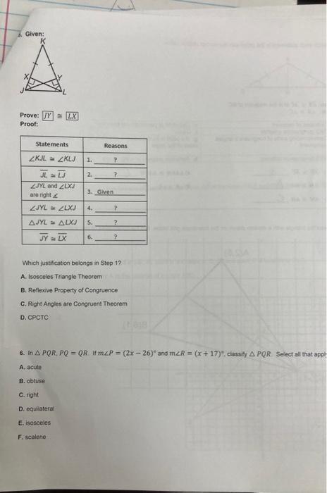 Solved Which justification belongs in Step 1? A. Isesceles | Chegg.com